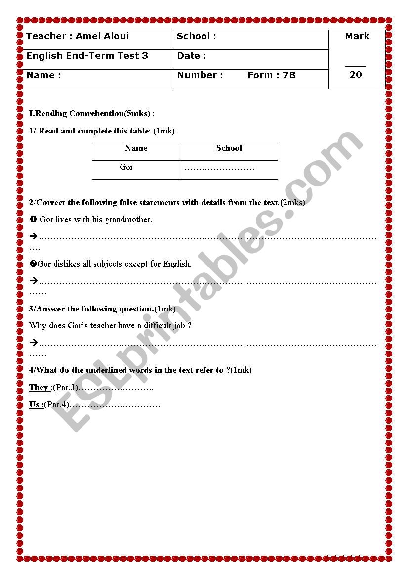 7th form End-term test(3) - ESL worksheet by whitejasmin 7th form End-term test(3) - ESL worksheet by whitejasmin