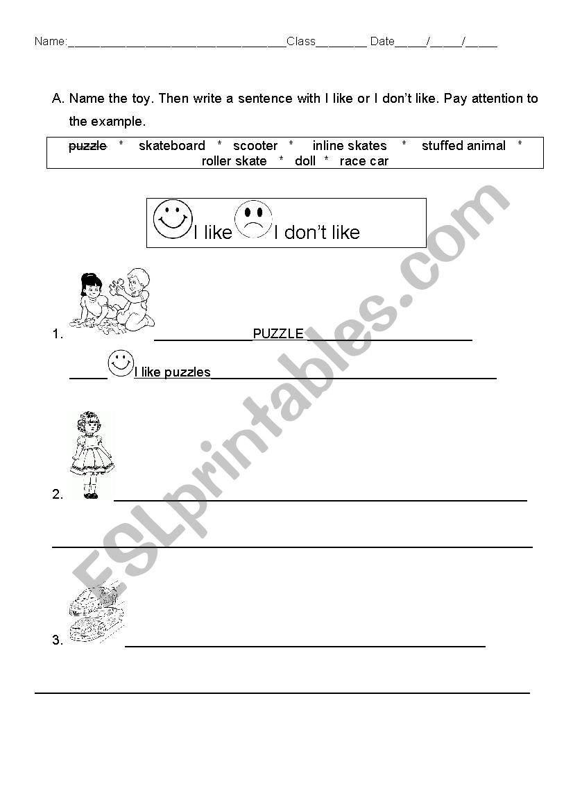 Toys with I like and I don´t like Exercise - ESL worksheet by lilian_mfer