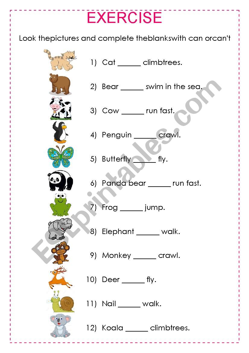 Can or Can´t - Animals - ESL worksheet by MarParise