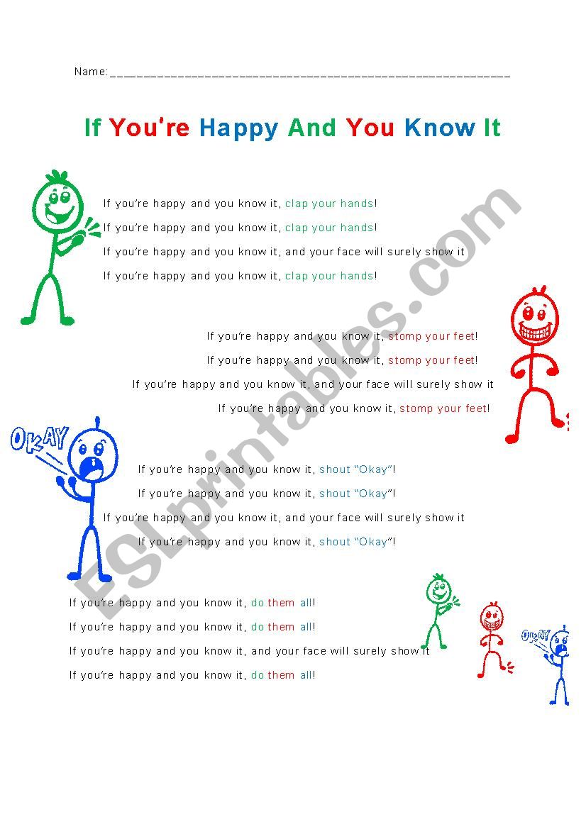 If You´re Happy and You Know It Lyrics Sheet - ESL worksheet by phoebesama