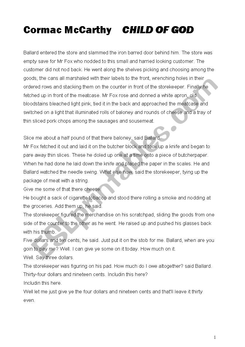 Cormac McCarthy: Child of God - ESL worksheet by Bonnie007