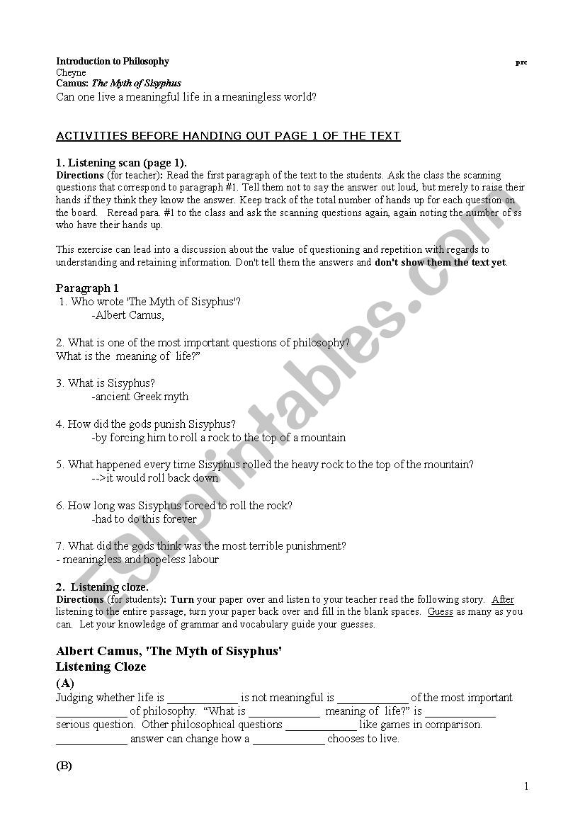 Albert Camus´ Myth of Sisyphus - ESL worksheet by Geordiepete