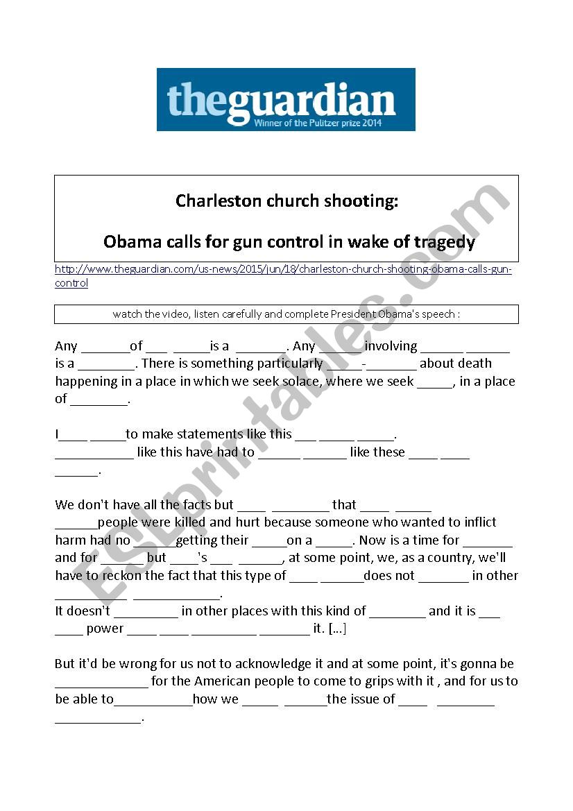 Charleston Church shooting : Obama´s speech - ESL worksheet by ...