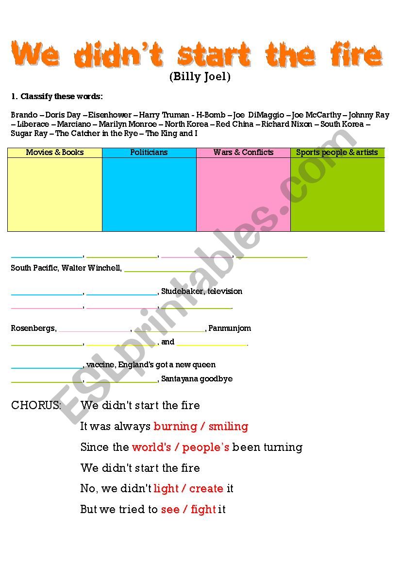 Billy Joel - We didn´t start the fire - ESL worksheet by gilderoy_lockhart