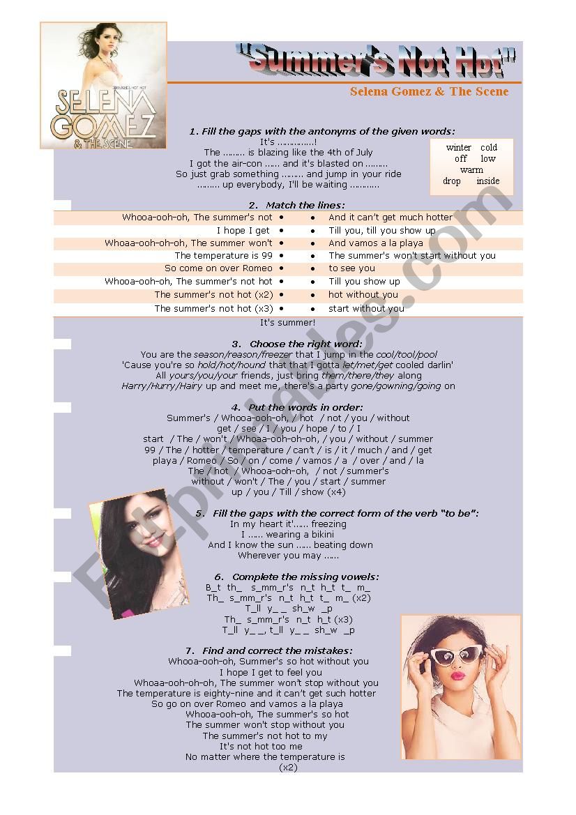 Song: Summer´s not hot - Selena Gomez - ESL worksheet by scami