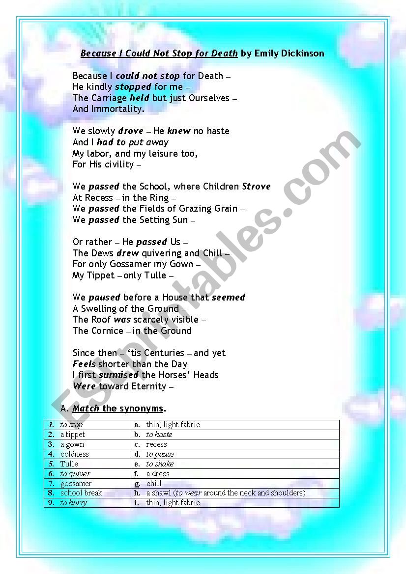 EMILY DICKINSON´S POEM Because I Couldn´t Stop for Death - ESL ...