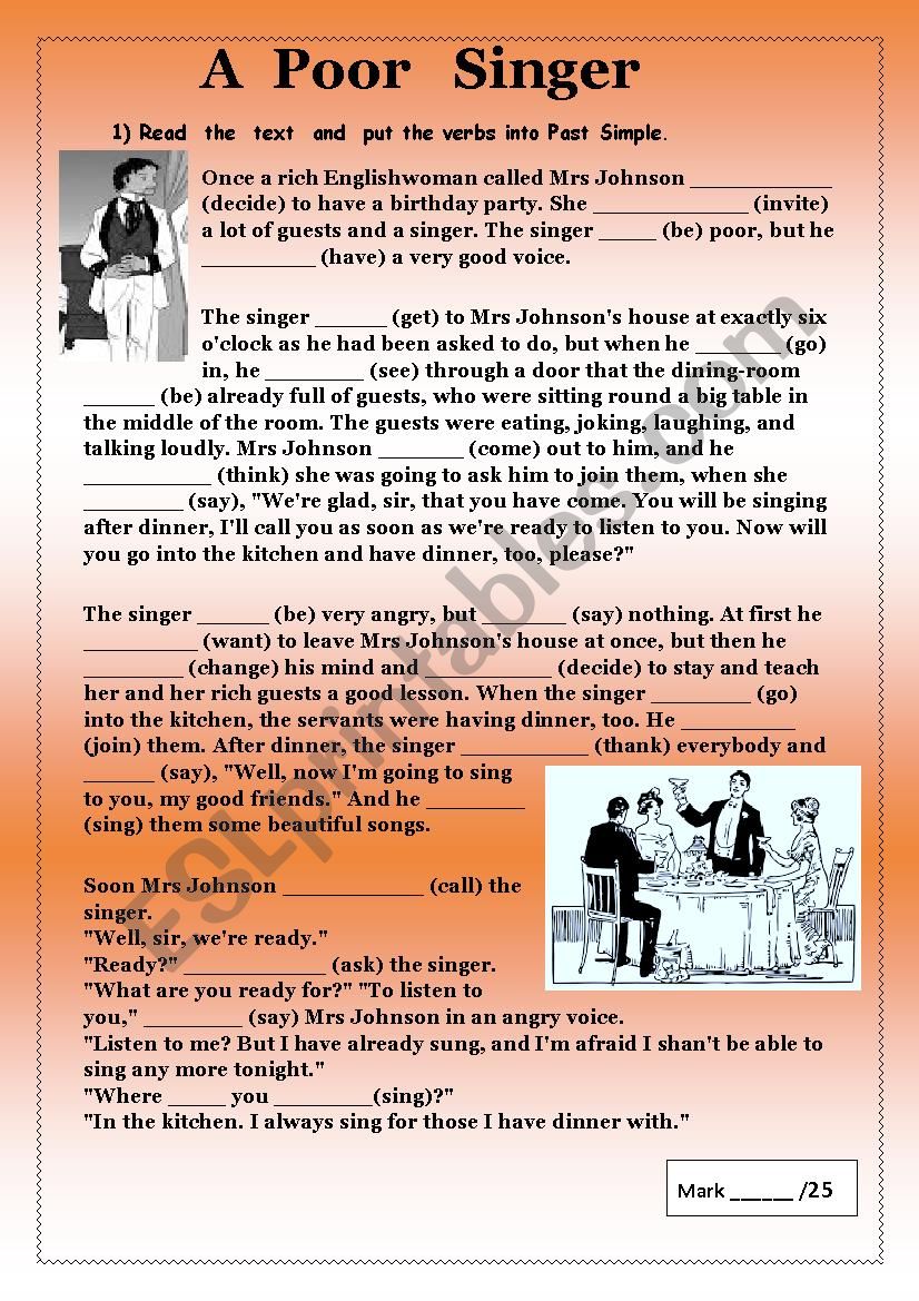 ´A Poor Singer´(reading + writing) - ESL worksheet by kohai