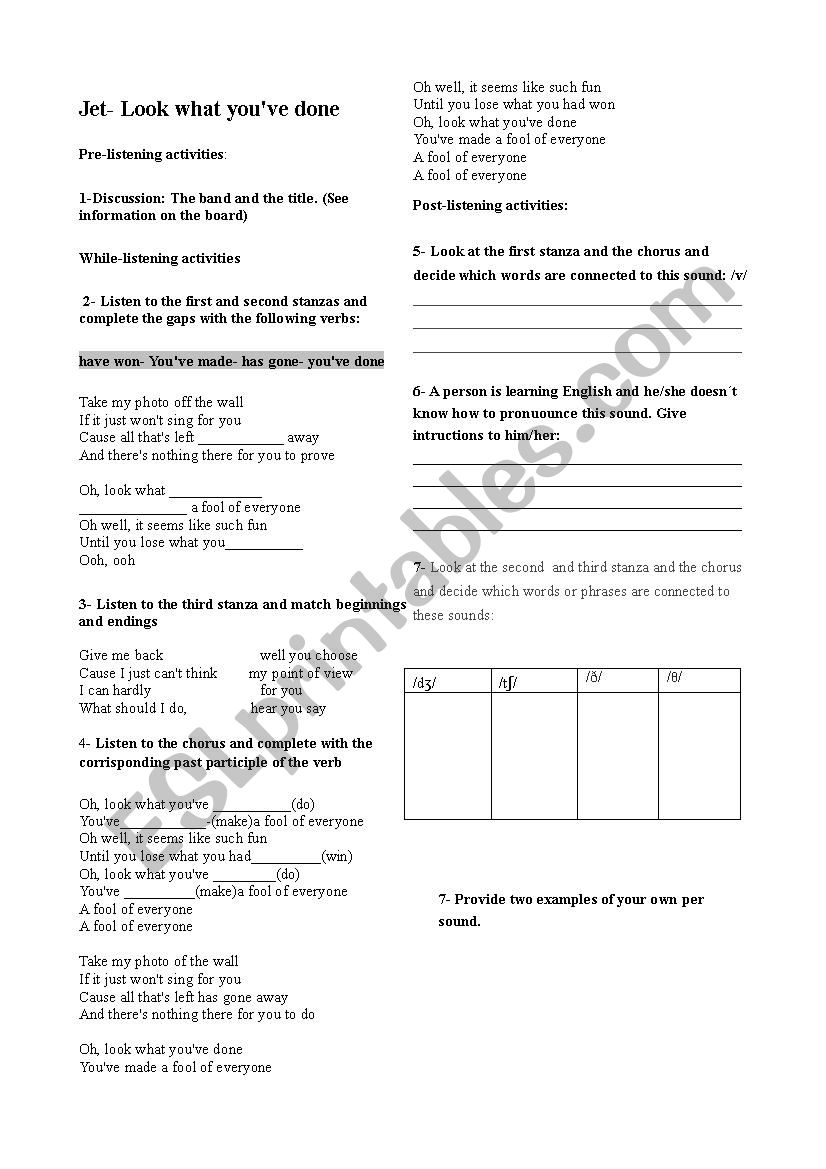 Song- Jet:Look what you´ve done - ESL worksheet by dolphins_love