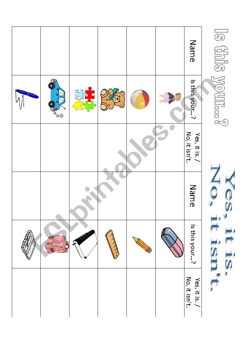 Is this your...? Yes, it is. / No,it isn´t. - ESL worksheet by kirby011