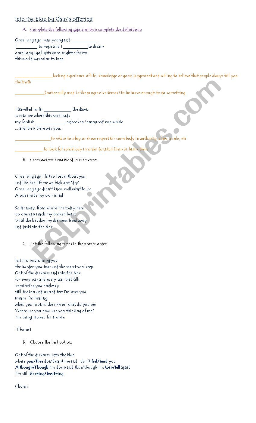 Into the blue Cain´s offering - ESL worksheet by jonef1994