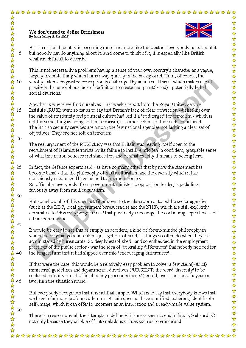 We don´t need to define Britishness - ESL worksheet by babystudent