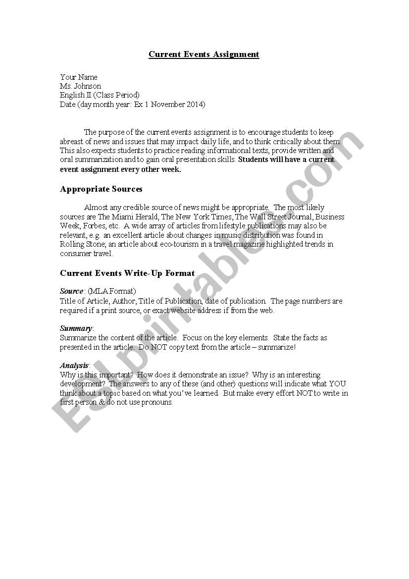 Current Events Assignment Esl Worksheet By Johnsonapril1