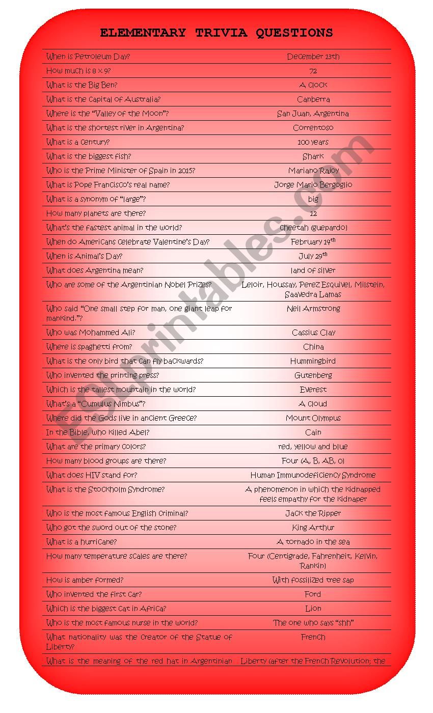 Trivia Questions Elementary ESL Worksheet By Vicky Gonz lez