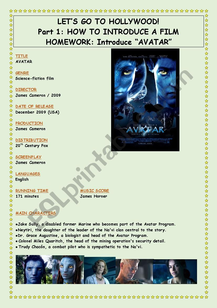 Let´s Go To Hollywood - Avatar - Introducing the film - ESL worksheet ...