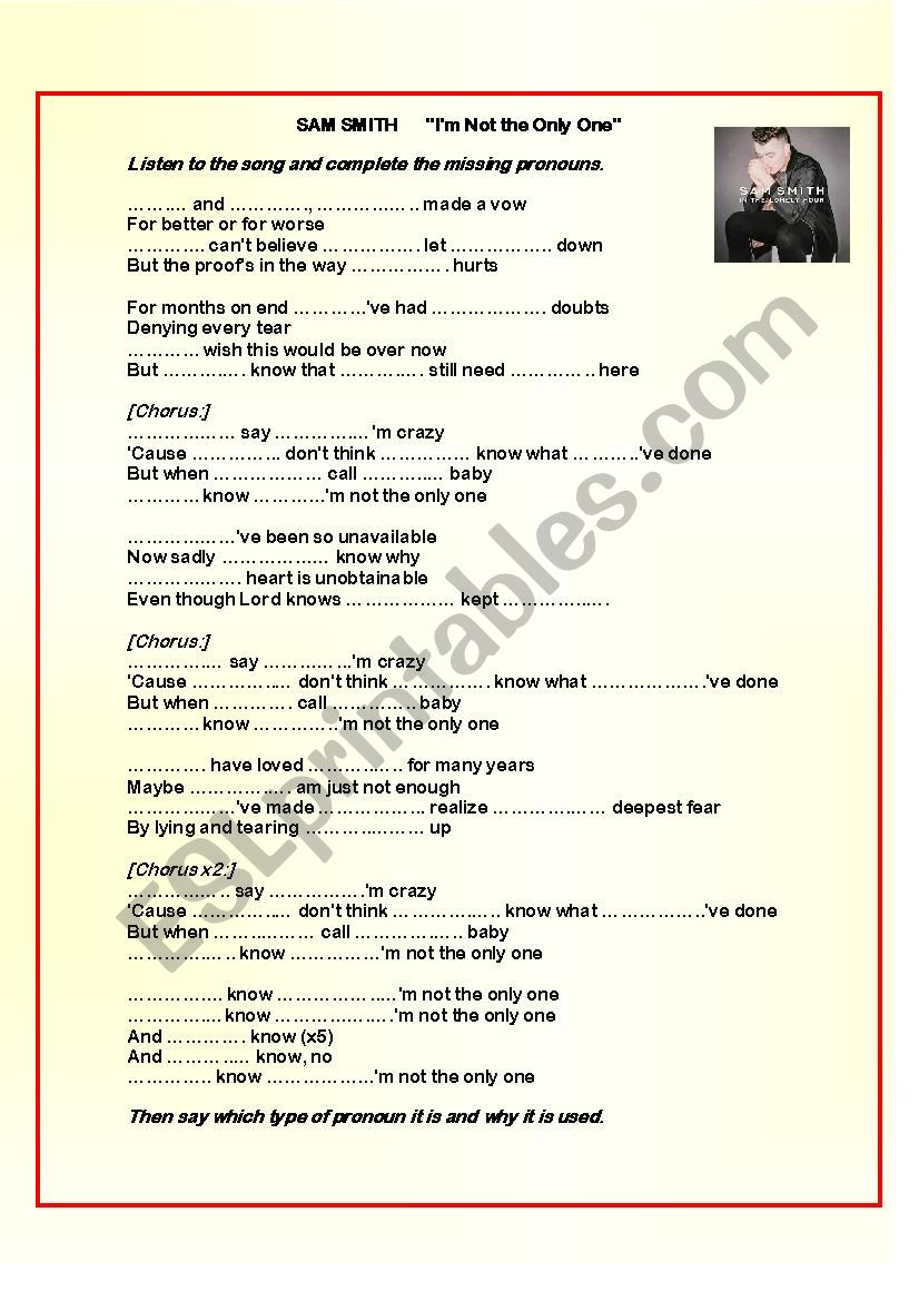 SAM SMITH "I´m Not the Only One" - ESL worksheet by argteacher