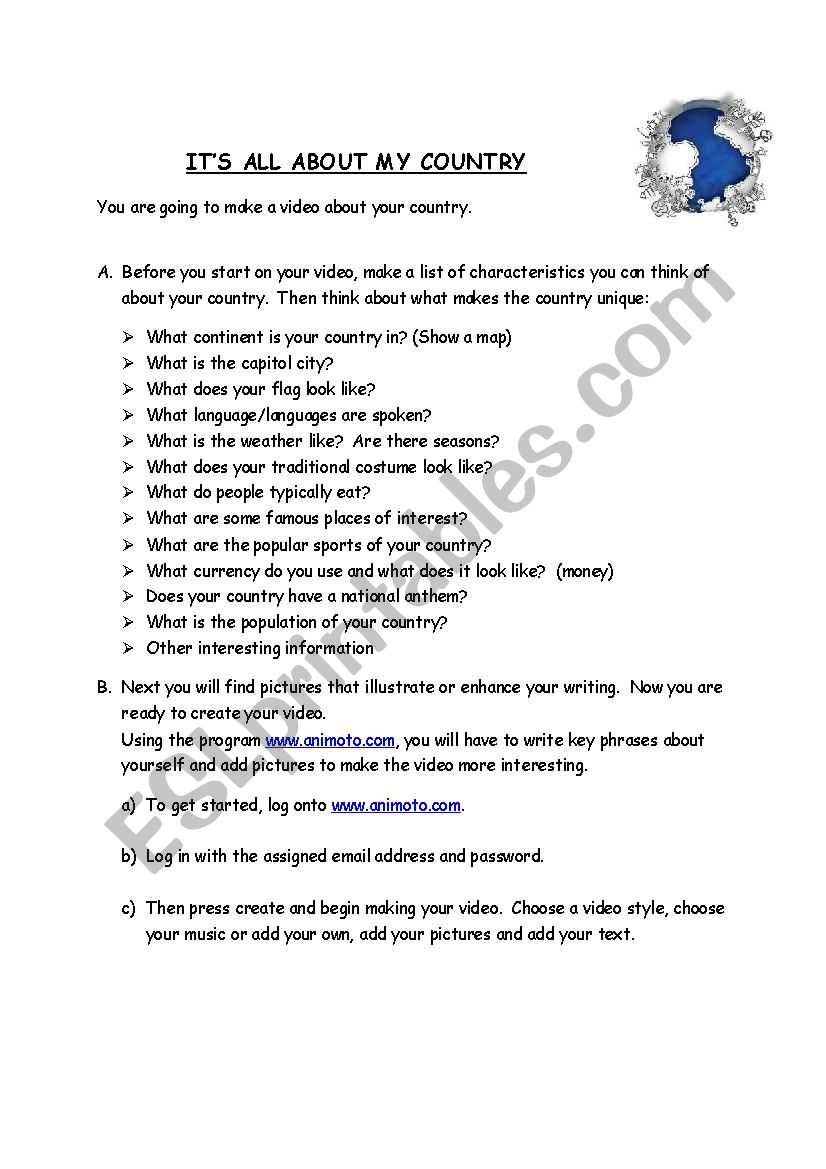 It´s all about my country video - ESL worksheet by Doot