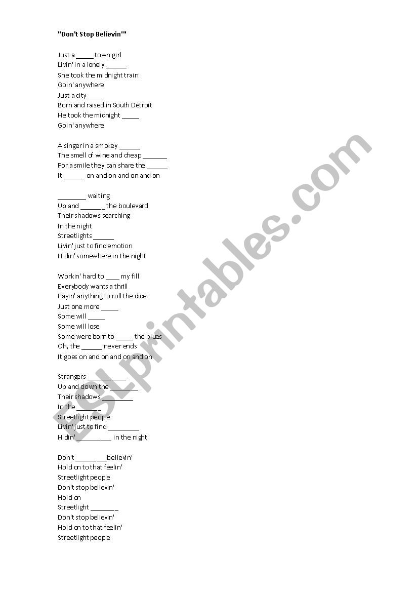 SONG, fill in the blanks- Don´t stop believing - (Journey) - ESL ...