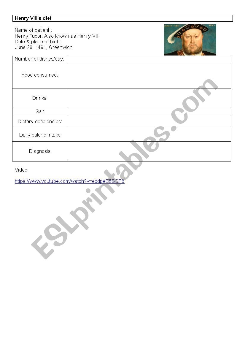 Henry VIII´s diet - ESL worksheet by ytroccaz
