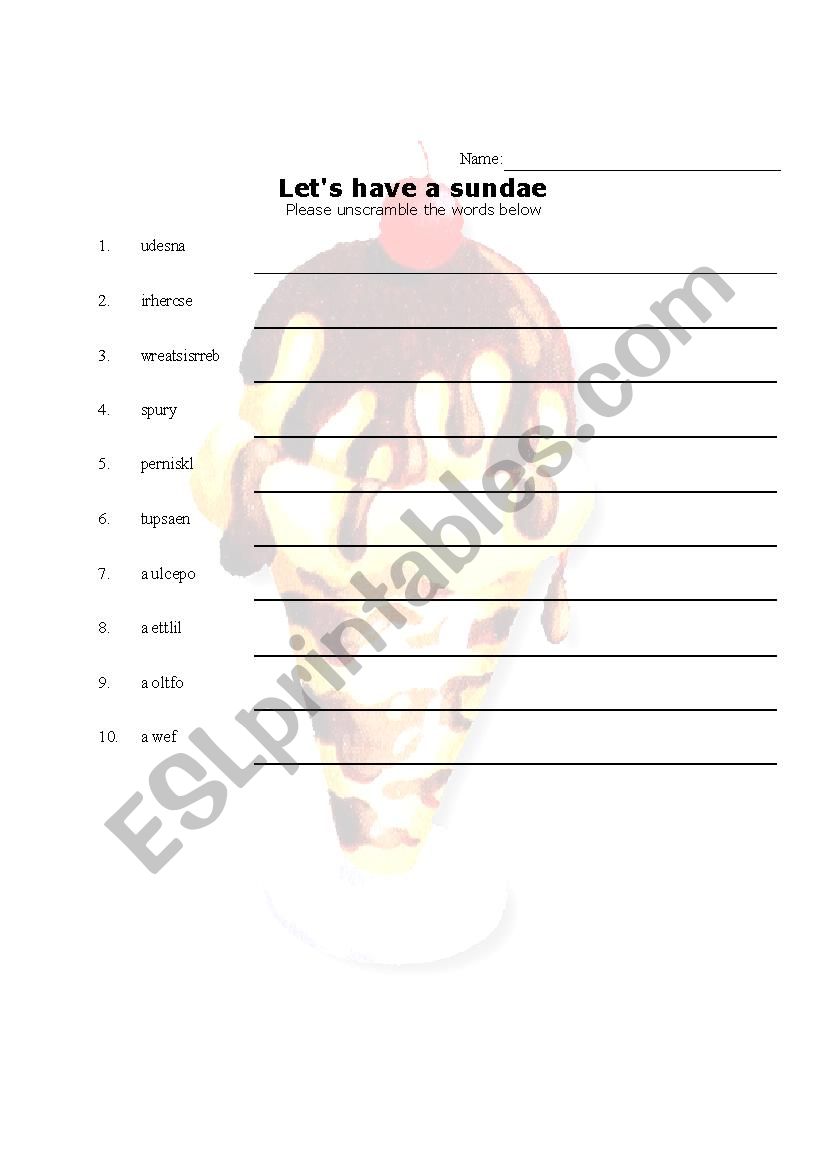 Let´s have a sundae word scramble - ESL worksheet by CiciTeacher