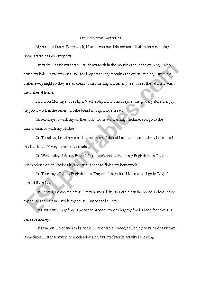 SusieÂ´s Normal Activities - ESL worksheet by Lunaluz524