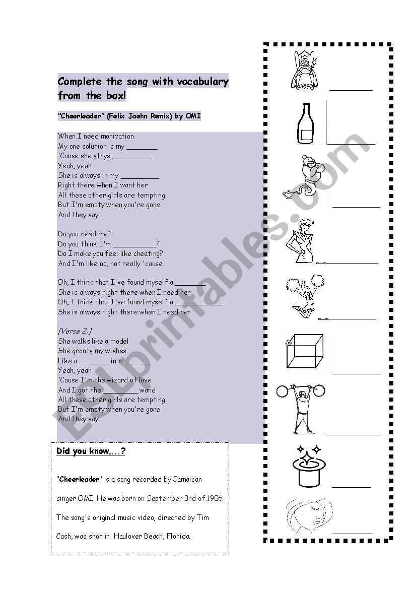 "Cheerleader” (Felix Jaehn Remix) by OMI - ESL worksheet by rocio88