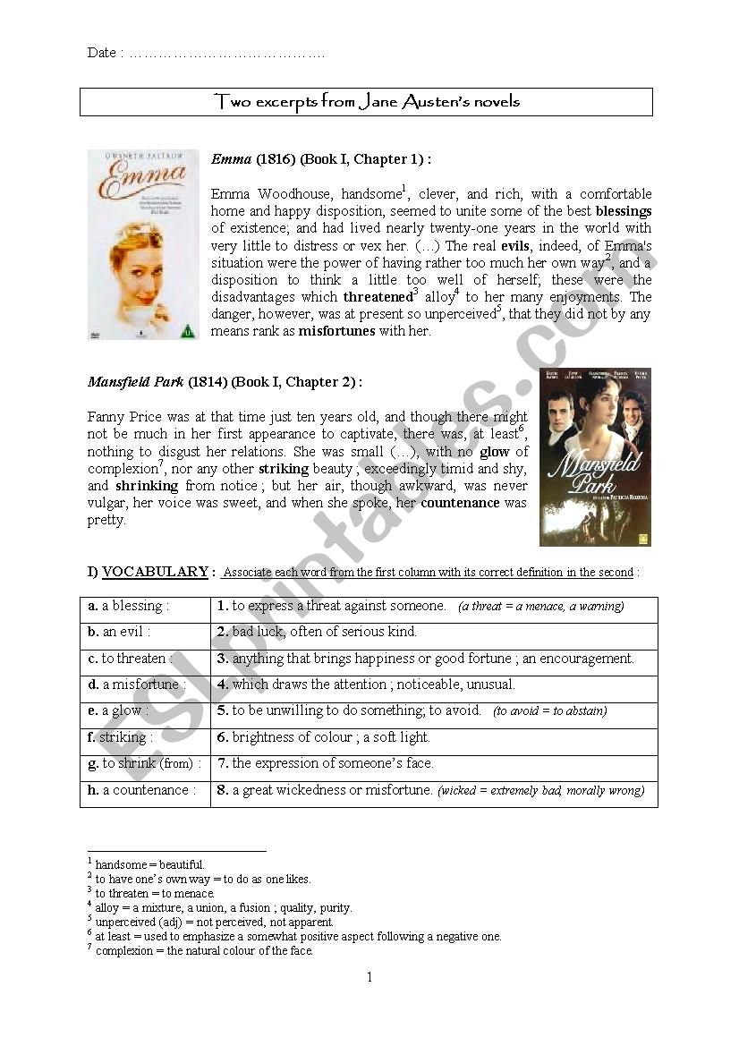 Two excerpts from Jane Austen´s novels - ESL worksheet by Melyriel