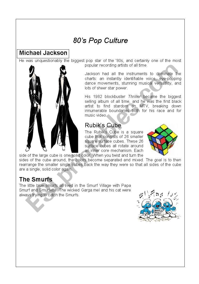 80´s Pop Culture - ESL worksheet by Joceval