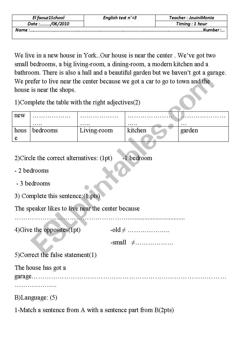primary school test n°3 - ESL worksheet by mony123