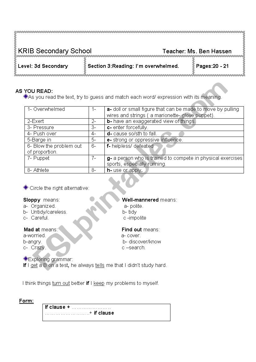 Module 1 section3 3rd form I´m overwhelmed - ESL worksheet by bhahlem