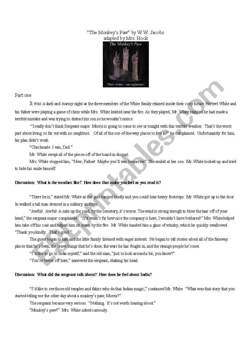 Adapted Version of "The Monkey´s Paw" - ESL worksheet by kellihook