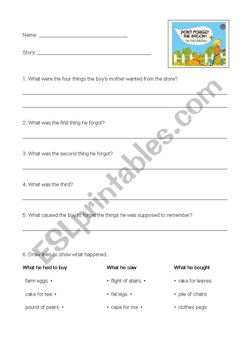 DonÂ´t Forget the Bacon reading comprehension - ESL worksheet by kenzn516