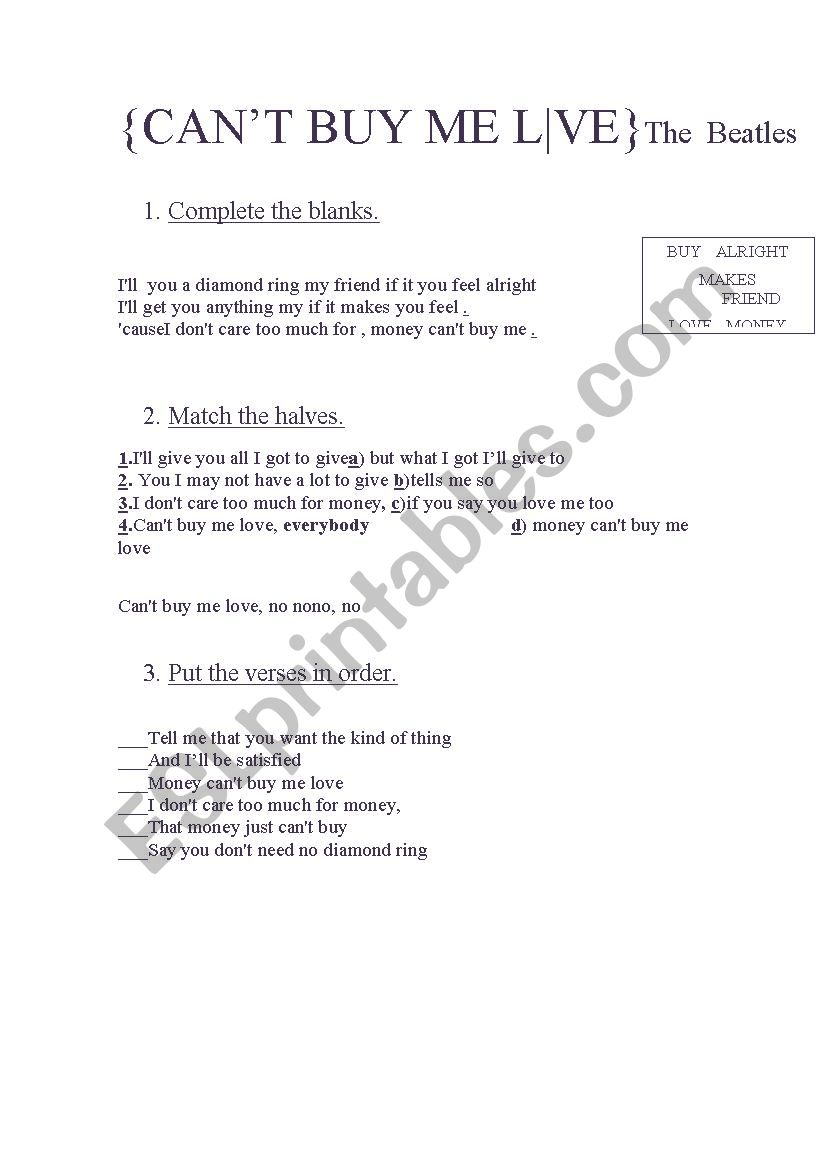 CanÂ´t buy me love- The Beatles - ESL worksheet by LolaMorrone