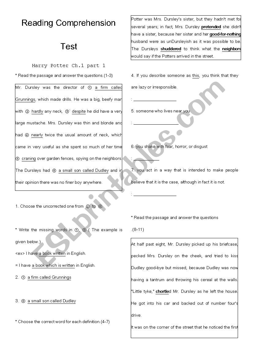 Harry Potter and the sorcerer´s stone reading comprehension - ESL ...