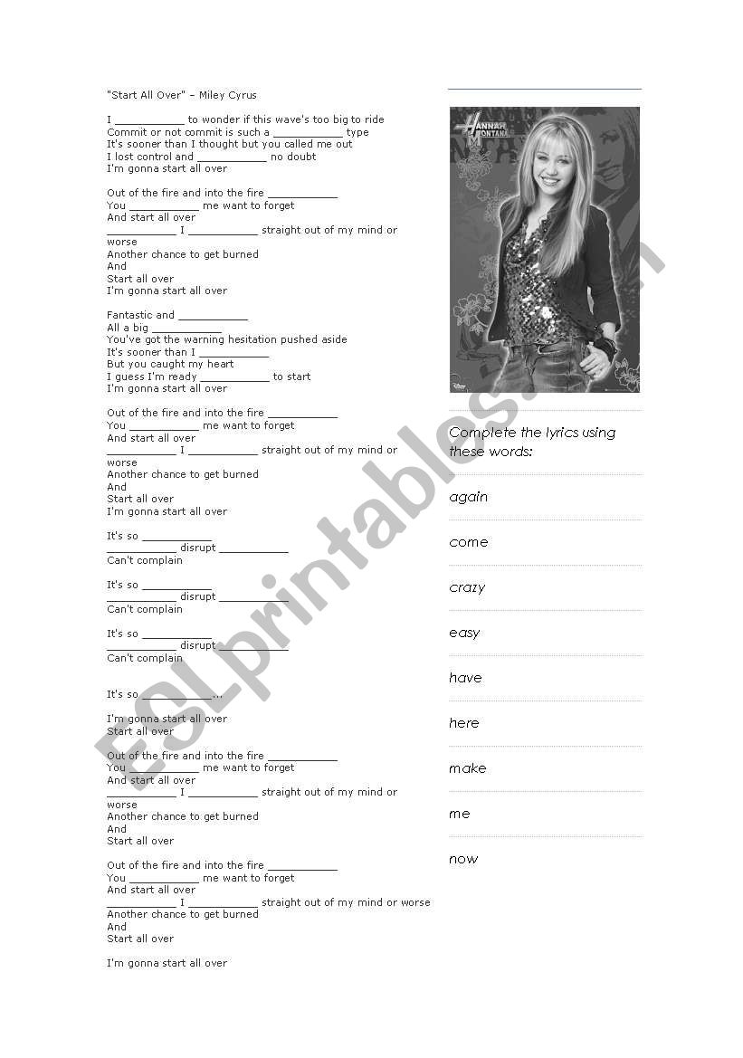 Let´s sing along - Start All Over by Miley Cyrus - ESL worksheet by ...