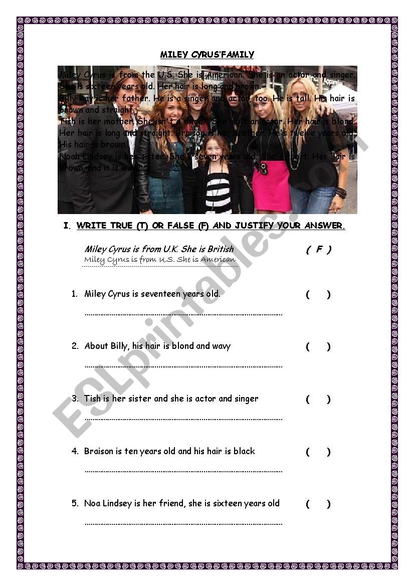 MILEY CYRUS’FAMILY - ESL worksheet by Lizest