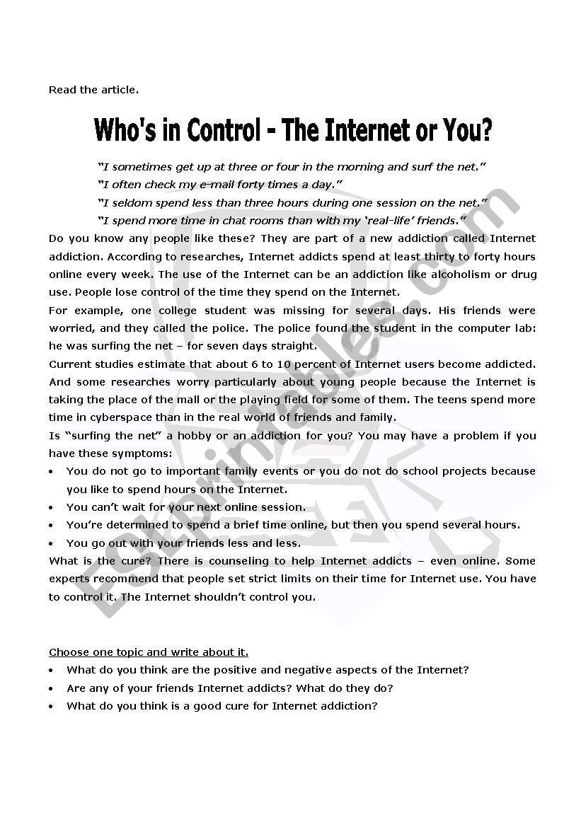Who´s in Control - The Internet or You? - ESL worksheet by Lucka20