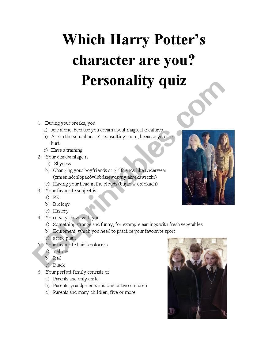 Which Harry Potterâ€™s character are you? Personality quiz part 3 - ESL ...