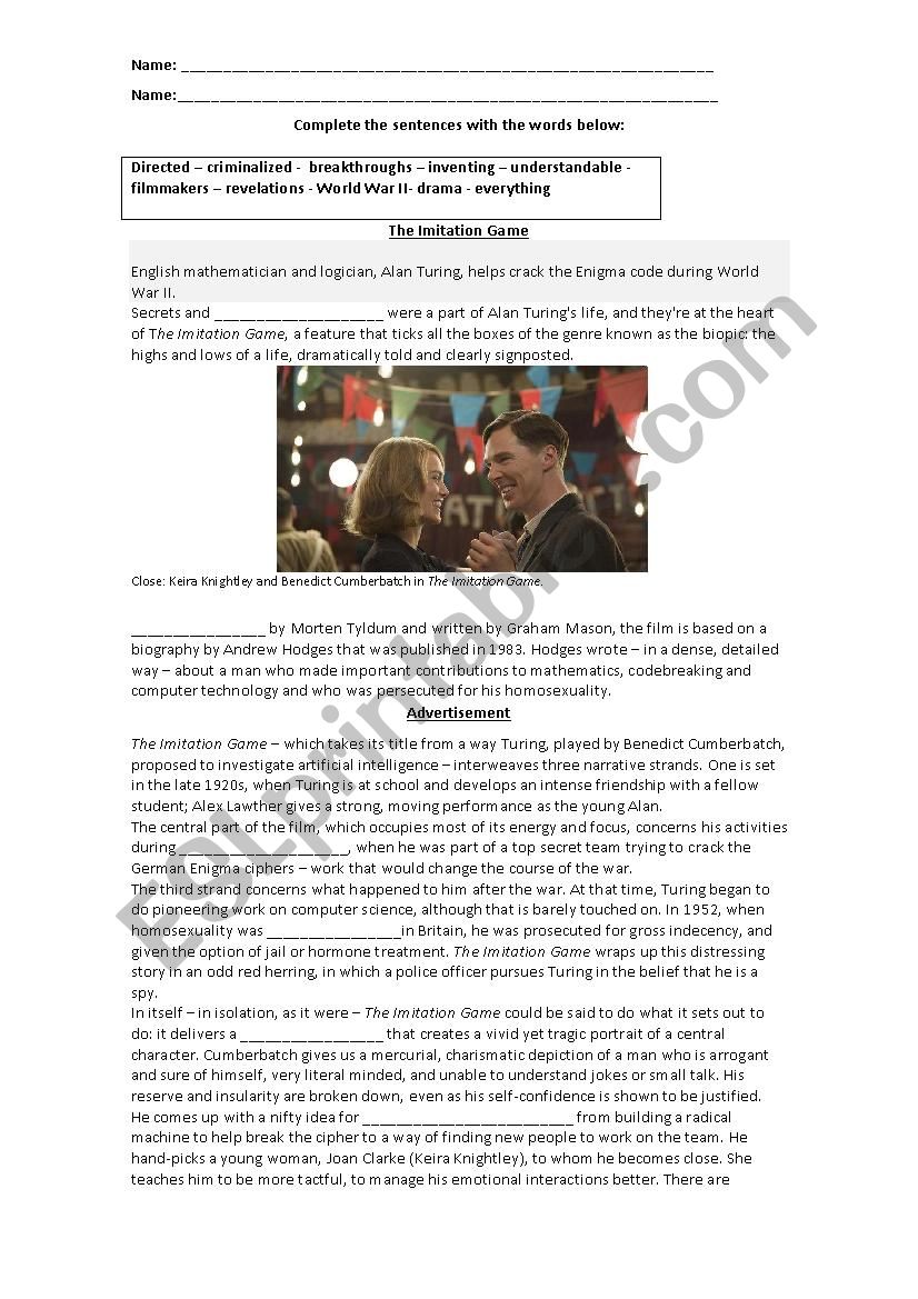 Film - The Imitation Game - O jogo da imitaÃ§Ã£o - ESL worksheet by ...