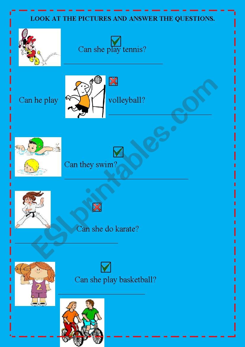 Can canÂ´t - yes no questions - ESL worksheet by Lorena Villalba