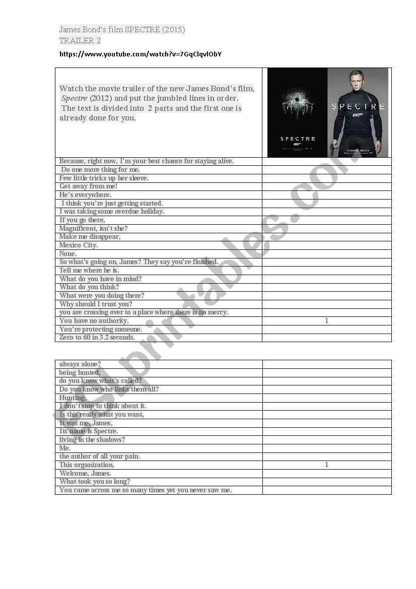 James Bond´s movie trailer Spectre - ESL worksheet by mlrc
