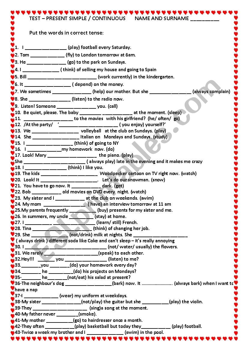 Present Simple Present Continuous 68 Sentences Advanced With Always For 