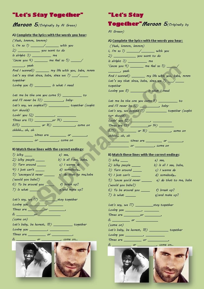 Let´s stay together - ESL worksheet by felisea