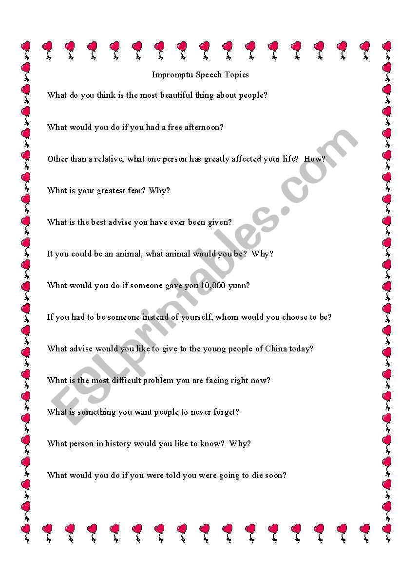 Speech Topics ESL Worksheet By Savina Noronha