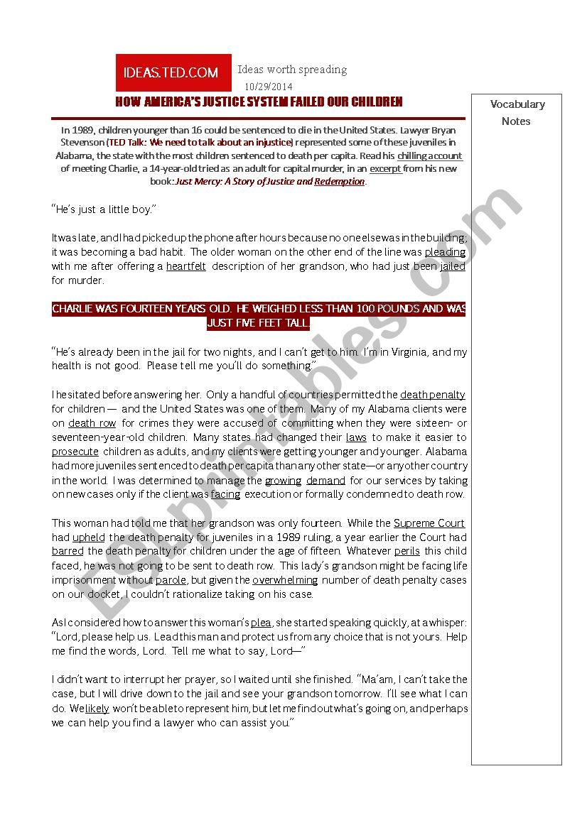 Reading "How America´s Justice System Has Failed Our Children" - ESL ...