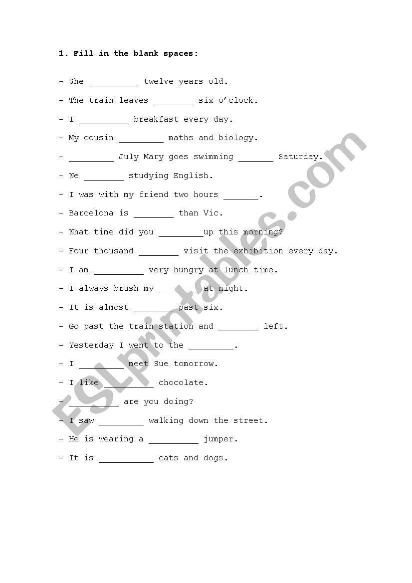 Blank Spaces - ESL worksheet by sarallado Blank Spaces - ESL worksheet by sarallado