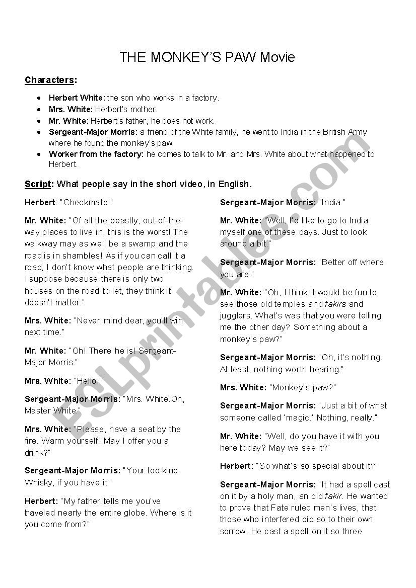 The Monkey´s Paw Script - ESL worksheet by hshahteaches