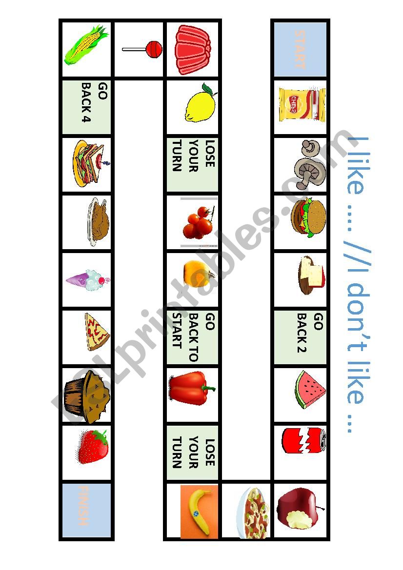 Board Game: I like.../ I don´t like...(food) - ESL worksheet by mireiabelg