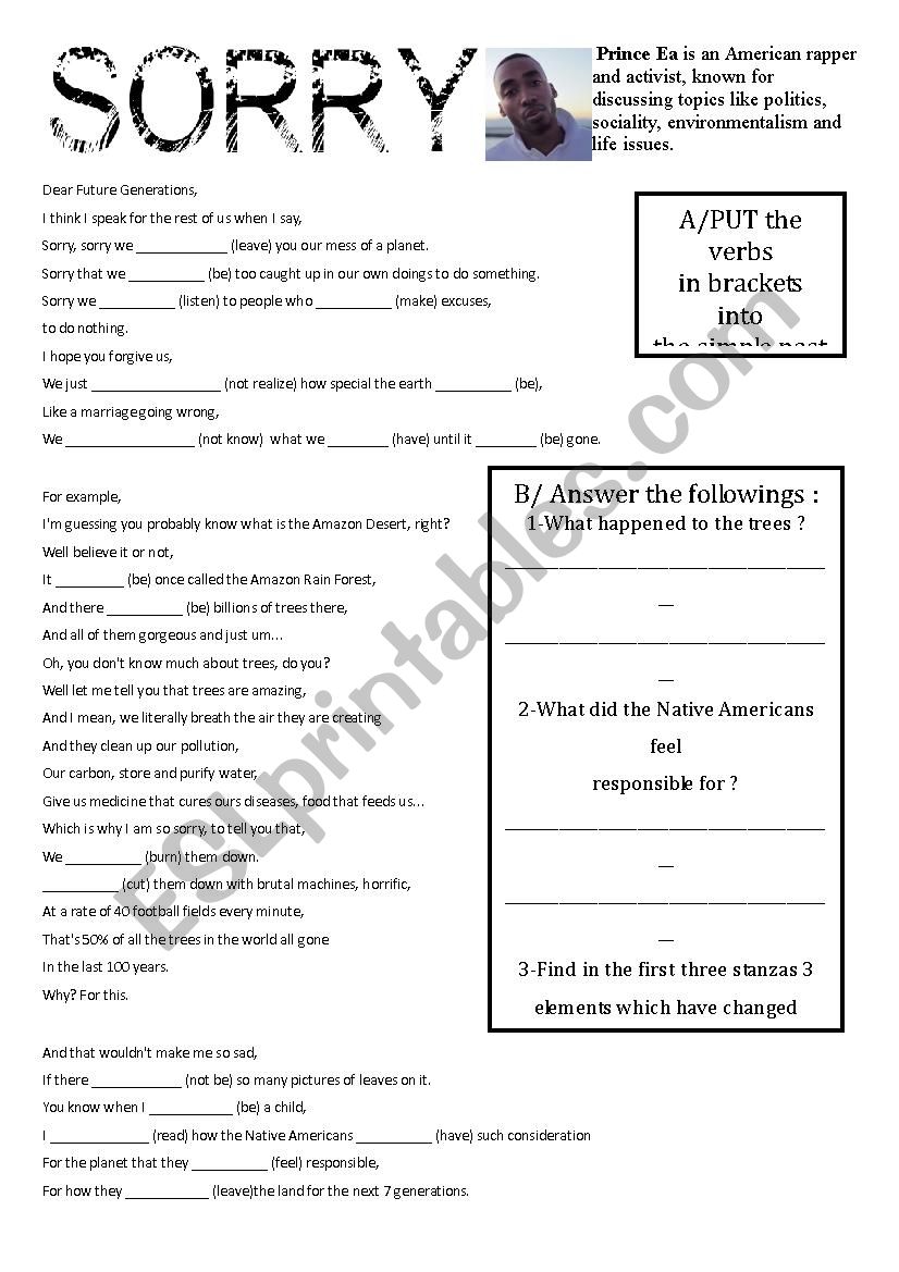 Prince Ea´s sorry - ESL worksheet by AudreyI
