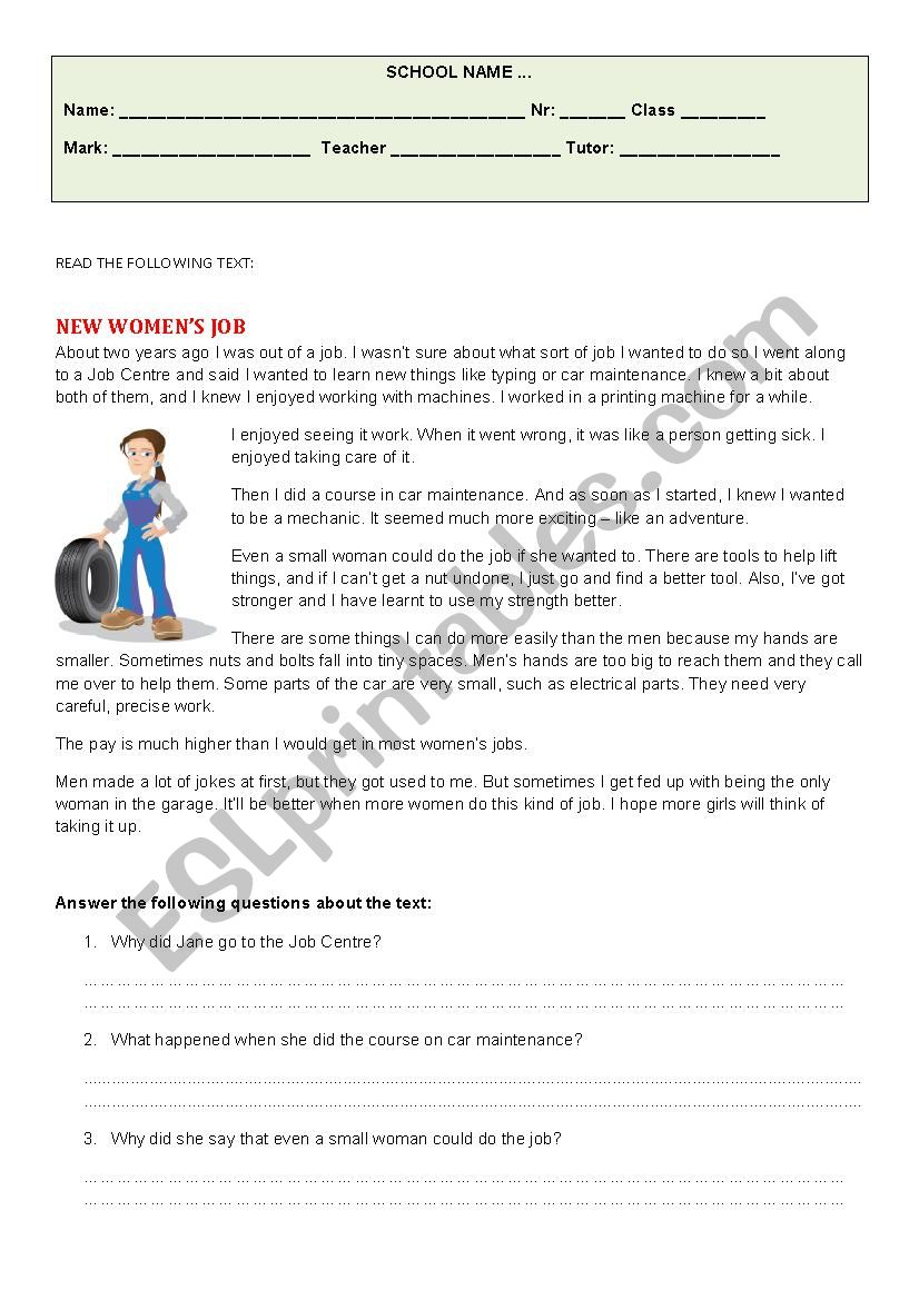 test 9th grade - New Women´s Jobs - ESL worksheet by araruta