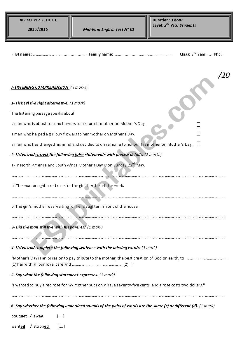 Mid-term English Test N° 01 2nd year Arts students - ESL worksheet by ...